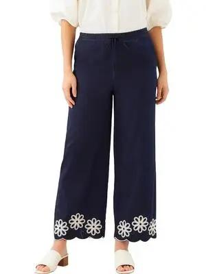 Karen Kane Embroidered Scallop Drawstring Cotton Pants - Navy