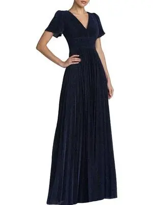 Mac Duggal Petite Pleated Metallic Flutter Sleeve A-line Gown - Midnight