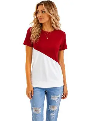 ZILPU Colorblock Side-slit Relaxed Fit Tunic Tee - Red