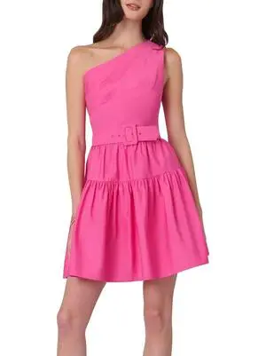 Shoshanna Cotton Faille Asymmetrical Neckline Mini Dress - Fuchsia