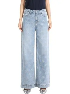 BAYEAS Embellished Textured Plaid High Waist Wide Leg Jeans - Lightstream