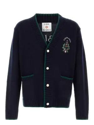 Casablanca Wool Blend Cardigan With Embroidered Detail - Blue