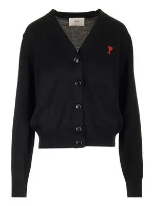 AMI Paris De Coeur Embroidered Button Cardigan - Black
