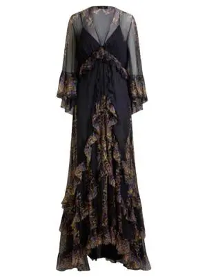 Etro Long Silk Dress With Placed Paisley Foliage Print - Black