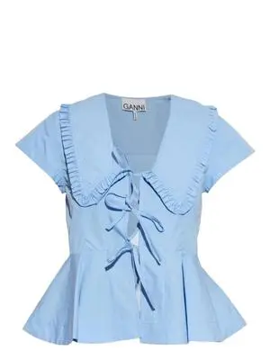 GANNI Ganni Cotton Poplin Blouse With Ruffled Collar Blue