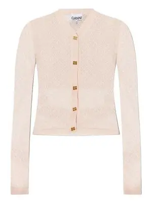 GANNI Ganni Pointelle Knit Logo Button Cardigan No
