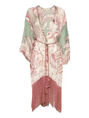 MOUTAKI Graphic Print Fringe Kimono - Neutrals