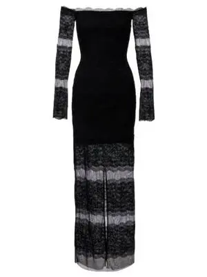 Blumarine Off-shoulder Lace Tulle Maxi Dress - Black