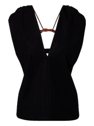 Plan C Cotton Crêpe Deep V-neck Open Back Top - Black