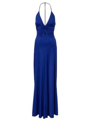 Victoria Beckham Halterneck V-neck Ruched Maxi Dress - Blue