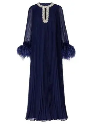 SELF-PORTRAIT Embellished Feather-trimmed Chiffon Midi Dress - Black