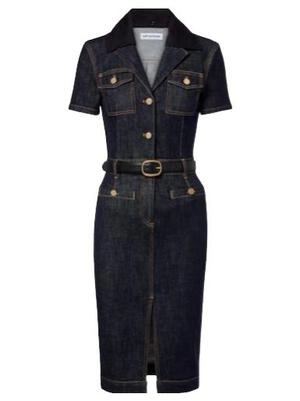 SELF-PORTRAIT Belted Denim Midi Dress - Black