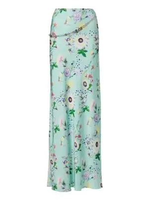 Rabanne Floral Satin Maxi Skirt With Chain Detail - Green