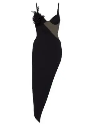 David Koma Asymmetrical Floral Appliqué Midi Dress - Black