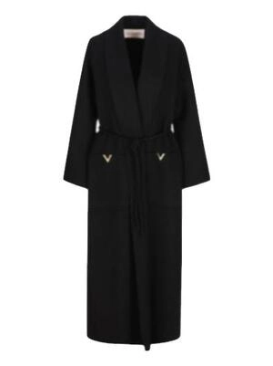Valentino Garavani Long Sleeve Belted Coat With Lapel Detail - Black