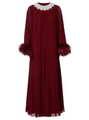 SELF-PORTRAIT Self-Portrait Embellished Feather-Trimmed Pleated Chiffon Maxi Dress