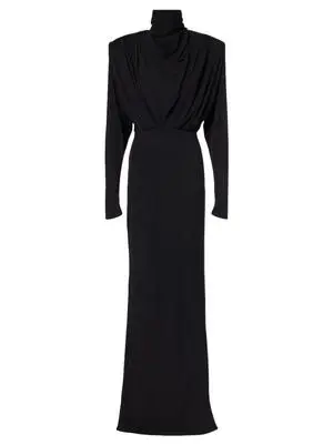 MUGLER Long Sleeve High Neck Draped Knit Maxi Dress - Black