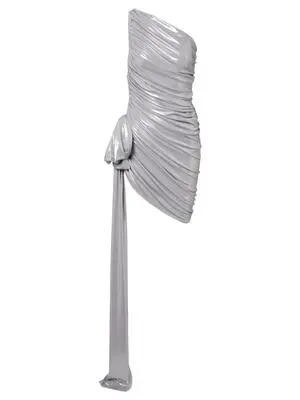Norma Kamali One-shoulder Ruched Metallic Mini Dress With Oversized Bow - Gray
