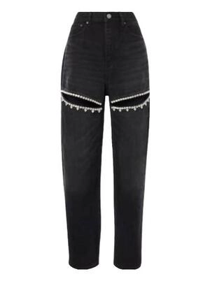 AREA Embellished Cutout Straight Jeans - Black