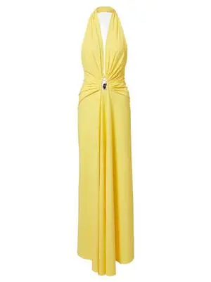 Christopher Esber Embellished Ruched Jersey Maxi Halterneck Dress - Yellow