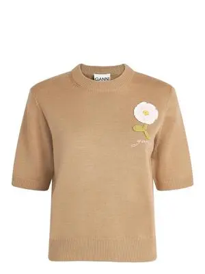 GANNI Merino Wool Short Sleeve Sweater With Floral Appliqu - Brown