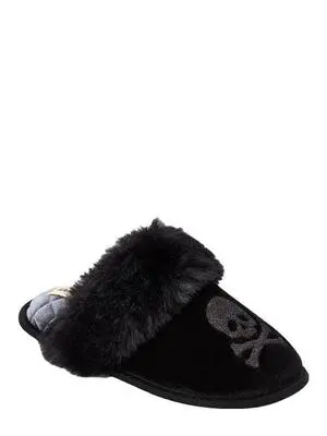 DEARFOAMS Embroidered Velour Slippers With Fur Cuff - Black
