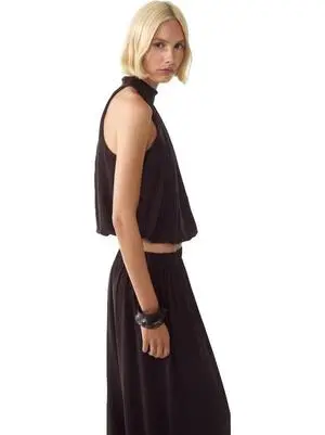 H&M Sleeveless Bubble Hem Top With Stand-up Collar - Dark Brown