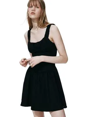 H&m Gathered Twill Mini Dress With Square Neckline - Black
