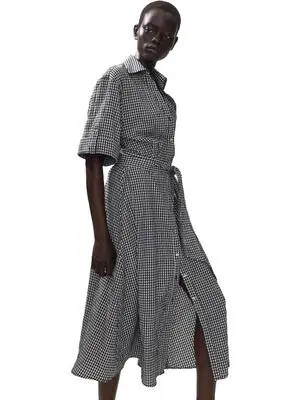 H&m Midi Shirt Dress With Tie Belt - Black/gingham