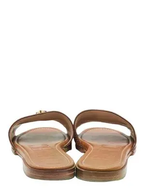 Carolina Herrera Leather Embossed Logo Flat Slides - Brown