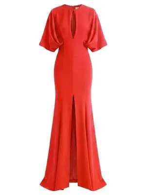 GEMY MAALOUF Coral Crepe Dress With Cape Sleeves And Cutout Detail - Red