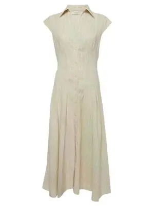Sandro Striped Pleated Linen Midi Dress - Neutrals