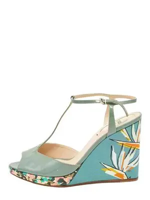 Fendi Patent Leather T-bar Wedge Sandals - Blue