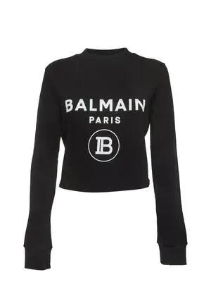 Balmain Cropped Logo Print Sweater - Black
