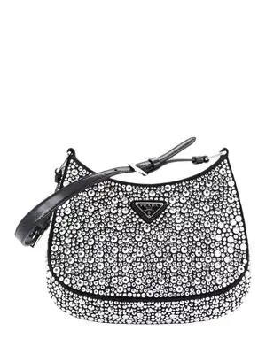 Prada Crystal Embellished Satin Shoulder Bag - Black