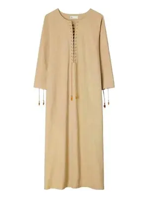 Tory Burch Linen Caftan With Lace-up Detail - Neutrals