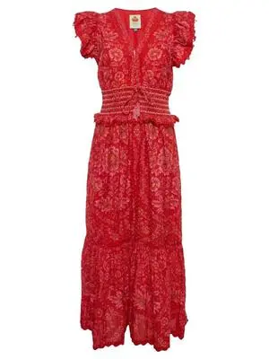 Farm Rio Floral Print Ruffled Maxi Dress - Red