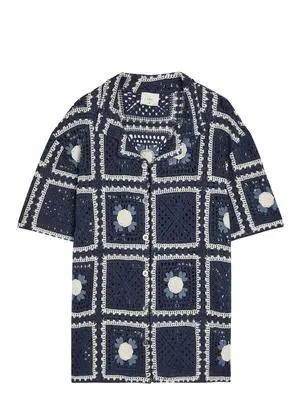 CHE Tejer Patchwork Crot Open-knit Shirt - Navy