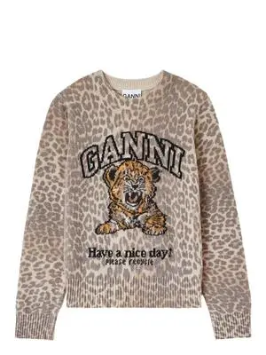 GANNI GANNI Leopard Intarsia Knit Crewneck Sweater With Tiger Appliqué Multicolor