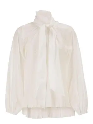 Max Mara Pleated Silk-blend Blouse With Neck Bow - White