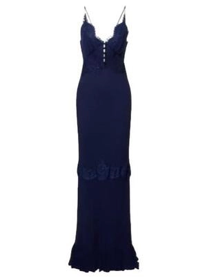 SELF-PORTRAIT Navy Georgette Lace-trimmed Gown - Black