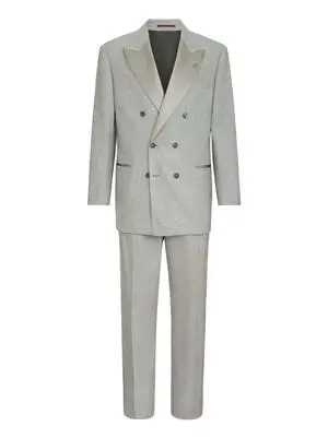 Brunello Cucinelli Cashmere And Silk Lightweight Flannel Tuxedo: One-and-a-half Breasted Jacket And Trousers With Double Pleats And Waist Tabs - Grey