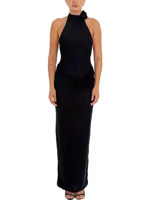 MAYGEL CORONEL Floral Appliqué Draped Halterneck Gown - Black