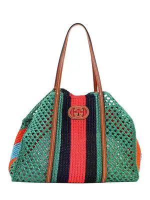GUCCI Gucci Interlocking G Web Raffia Medium Tote Bag