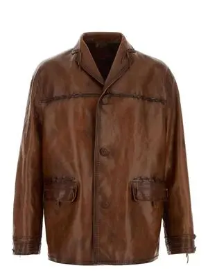 Prada Leather Jacket With Notch Lapel - Brown