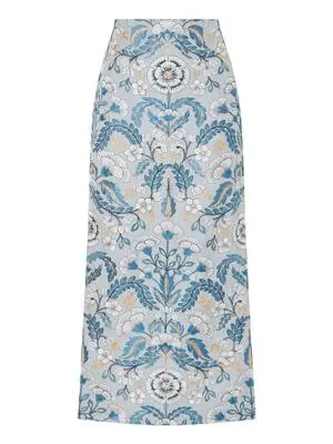 MARTA FERRI Embroidered Woven Midi Skirt - Blue