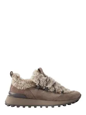 Brunello Cucinelli Embellished Suede And Shearling Trimmed Sneakers - Gray