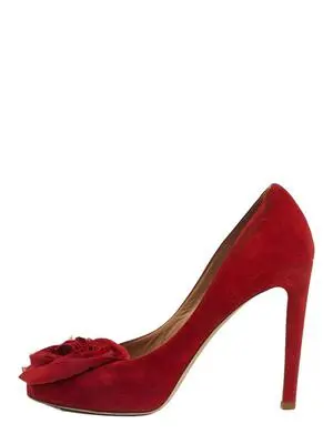Valentino Garavani Suede Rose Appliqué Peep Toe Pumps - Red