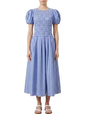 GANNI Striped Cotton Midi Dress With Puff Sleeves - Navy