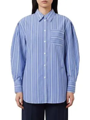 GANNI Striped Cotton Shirt With Balloon Sleeves - Navy